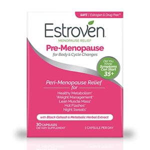 estroven pre-menopause relief, 30 ct., clinically proven ingredients, provides menopause relief plus night sweats & hot flash relief, drug-free or estrogen free