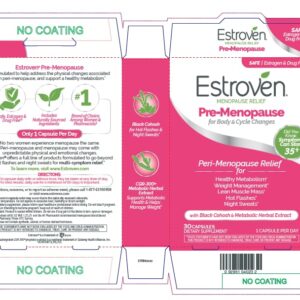 Estroven Pre-Menopause Relief, 30 Ct., Clinically Proven Ingredients, Provides Menopause Relief plus Night Sweats & Hot Flash Relief, Drug-Free or Estrogen Free