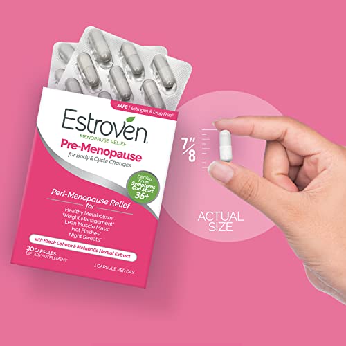 Estroven Pre-Menopause Relief, 30 Ct., Clinically Proven Ingredients, Provides Menopause Relief plus Night Sweats & Hot Flash Relief, Drug-Free or Estrogen Free