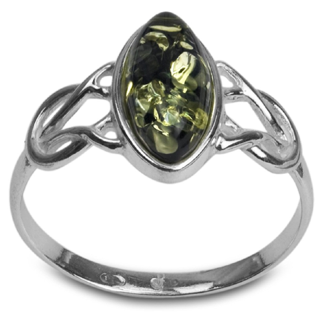 Green Amber Sterling Silver Celtic Thin Ring , Size 9