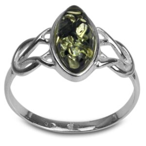 Green Amber Sterling Silver Celtic Thin Ring , Size 11