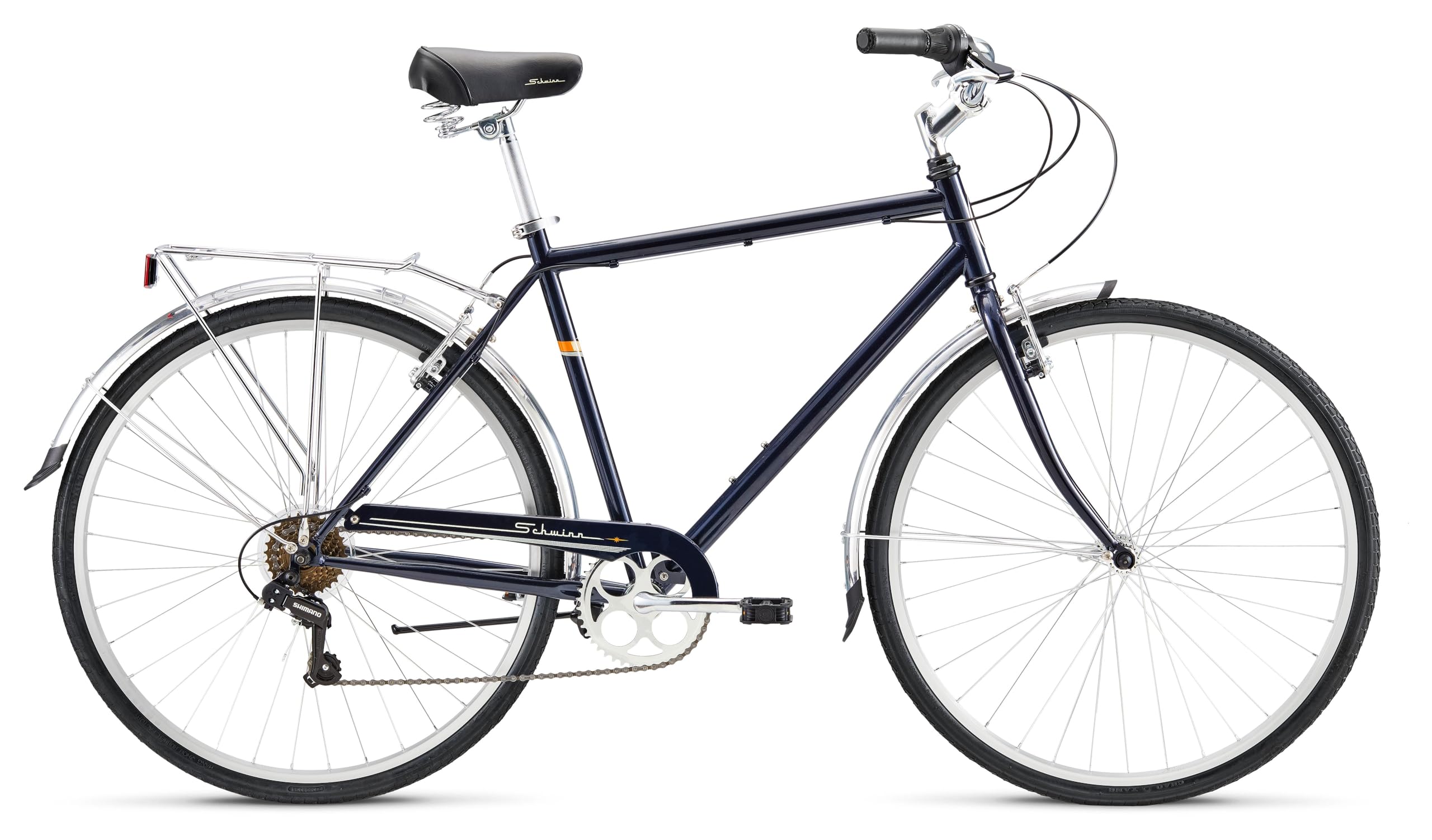 Schwinn Wayfarer Adult Hybrid Bike, Mens and Womens, 18-Inch/Medium Steel Step-Over Frame, 7-Speed Drivetrain, Rear Rack, 700C Wheels, Blue