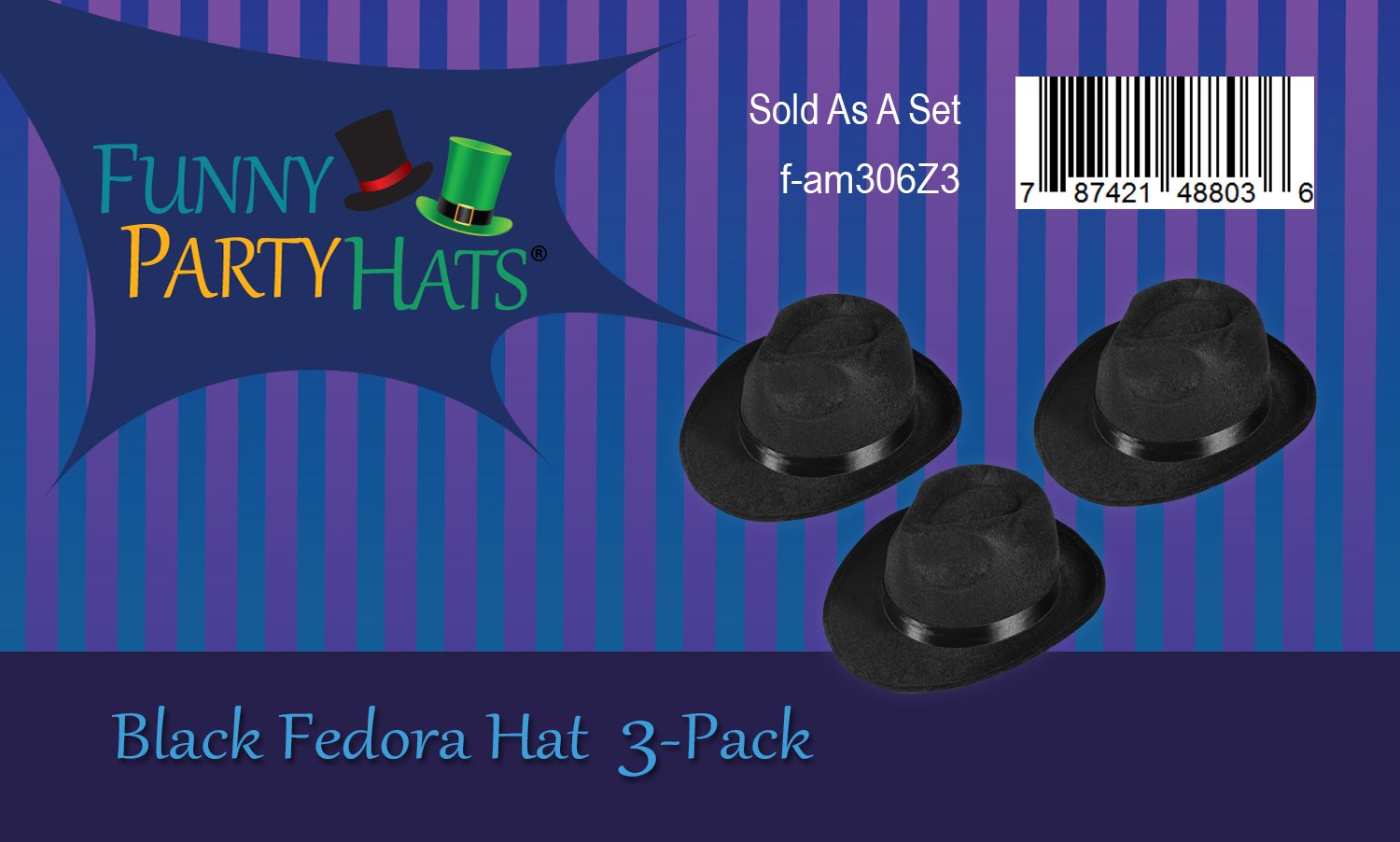 Funny Party Hats Black Fedora Gangster Hat Costume Accessory - Pack of 3