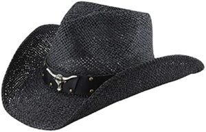 black straw cowboy hat for men, faux leather, longhorn, shapeable brim