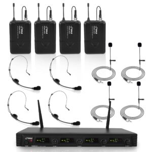 pyle 4 channel uhf wireless microphone system & rack mountable base 4 headsets, 4 belt packs, 4 lavelier/lapel mic with independent volume controls af & rf signal indicators (pdwm4560),black