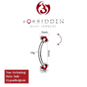 Forbidden Body Jewelry 16g 8mm Daith Earring, Eyebrow Ring and Rook Piercing, Internally Threaded Red CZ Barbell