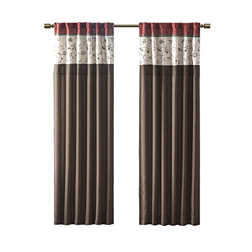 Madison Park Serene Embroidered Light Filtering Treatment Curtain Rod Pocket/Back Tab Single Window Panel Drape for Bedroom Livingroom and Dorm, 50x84", Red