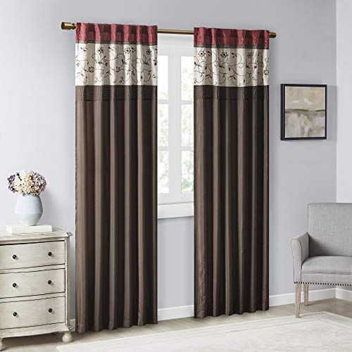 Madison Park Serene Embroidered Light Filtering Treatment Curtain Rod Pocket/Back Tab Single Window Panel Drape for Bedroom Livingroom and Dorm, 50x84", Red