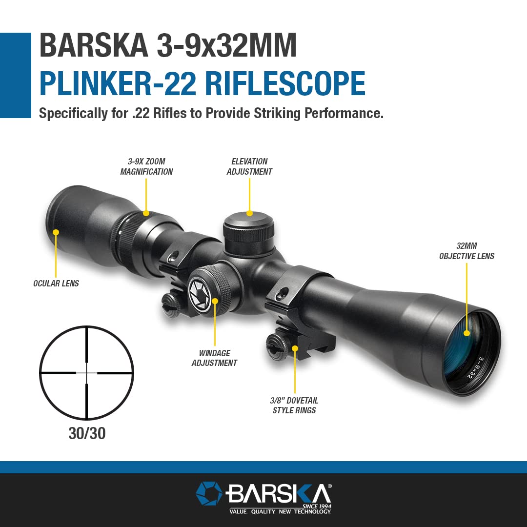 Barska AC13754 Plinker22 Scope 3-9x32 30/30 Crosshair Reticle with Rings for Hunting & Targeting