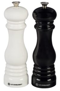 le creuset salt and pepper mill set, 8" x 2 1/2" each, black & white