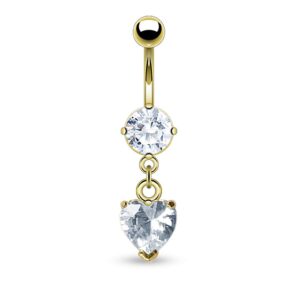 forbidden body jewelry 14kt gold plated surgical steel clear cz dangle belly button ring with crystal heart charm