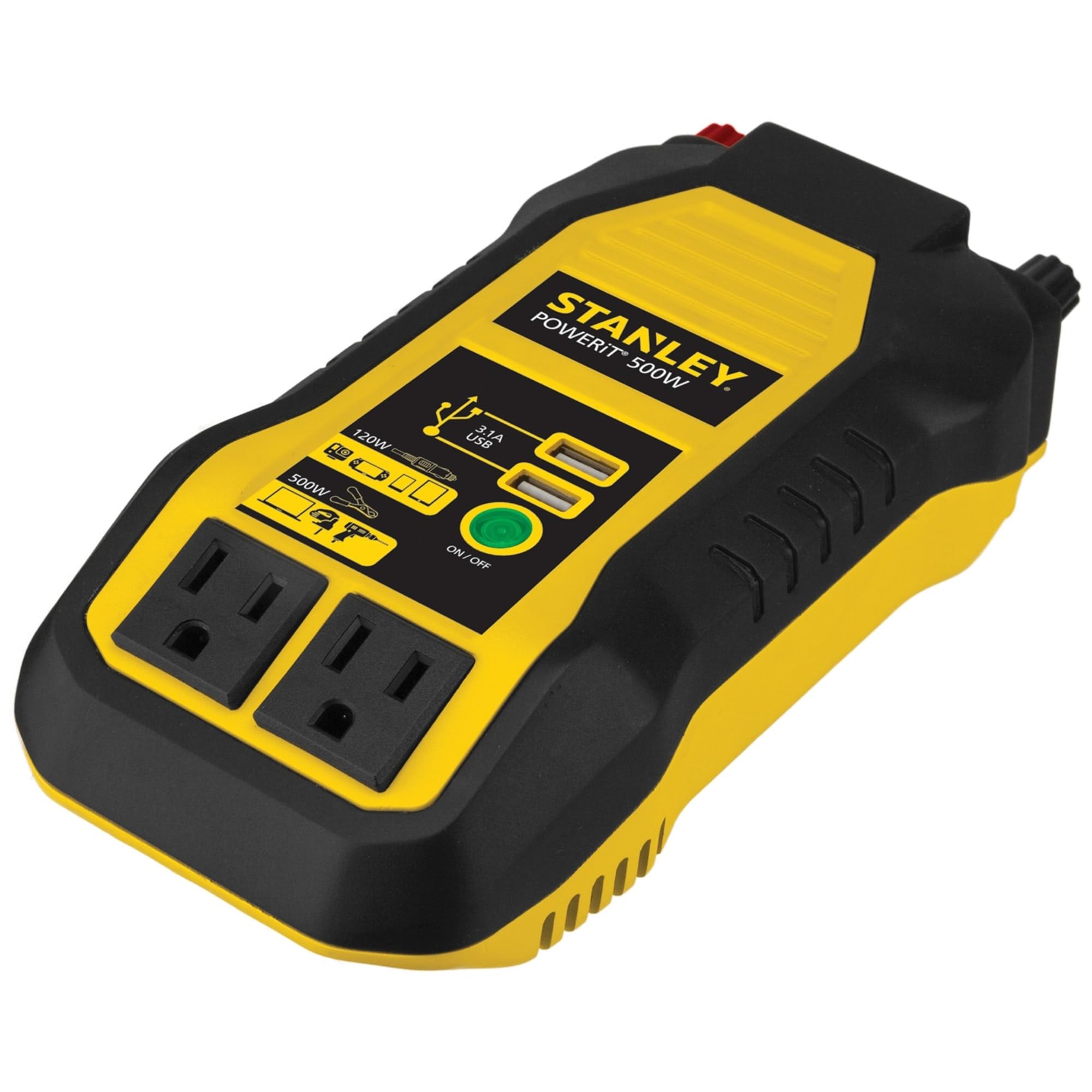 STANLEY PI500S Power Inverter 500W Car Converter: Dual AC Outlets, 3.1A USB Ports, 12V DC Adapter, Battery Clamps