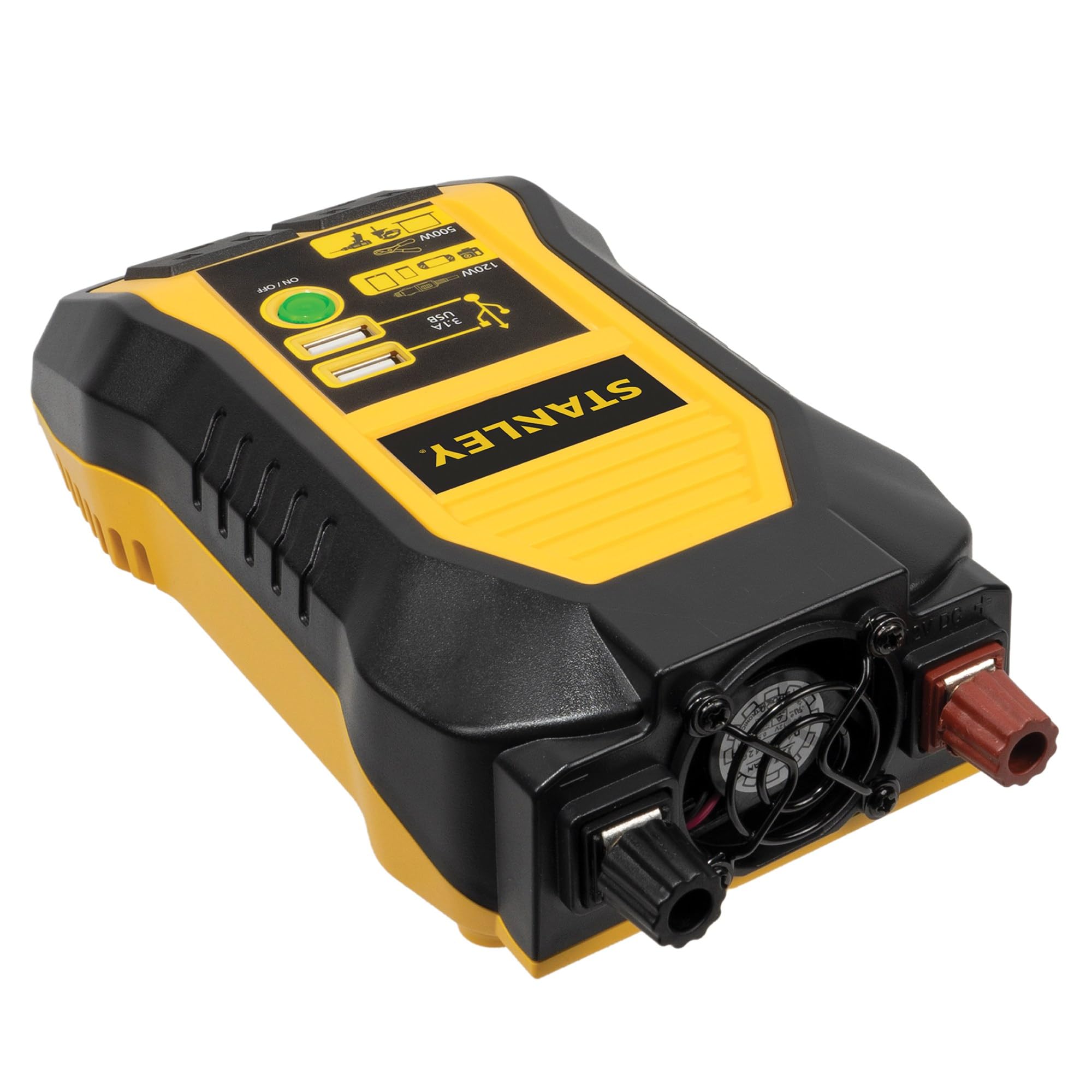 STANLEY PI500S Power Inverter 500W Car Converter: Dual AC Outlets, 3.1A USB Ports, 12V DC Adapter, Battery Clamps