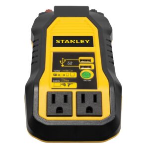 STANLEY PI500S Power Inverter 500W Car Converter: Dual AC Outlets, 3.1A USB Ports, 12V DC Adapter, Battery Clamps