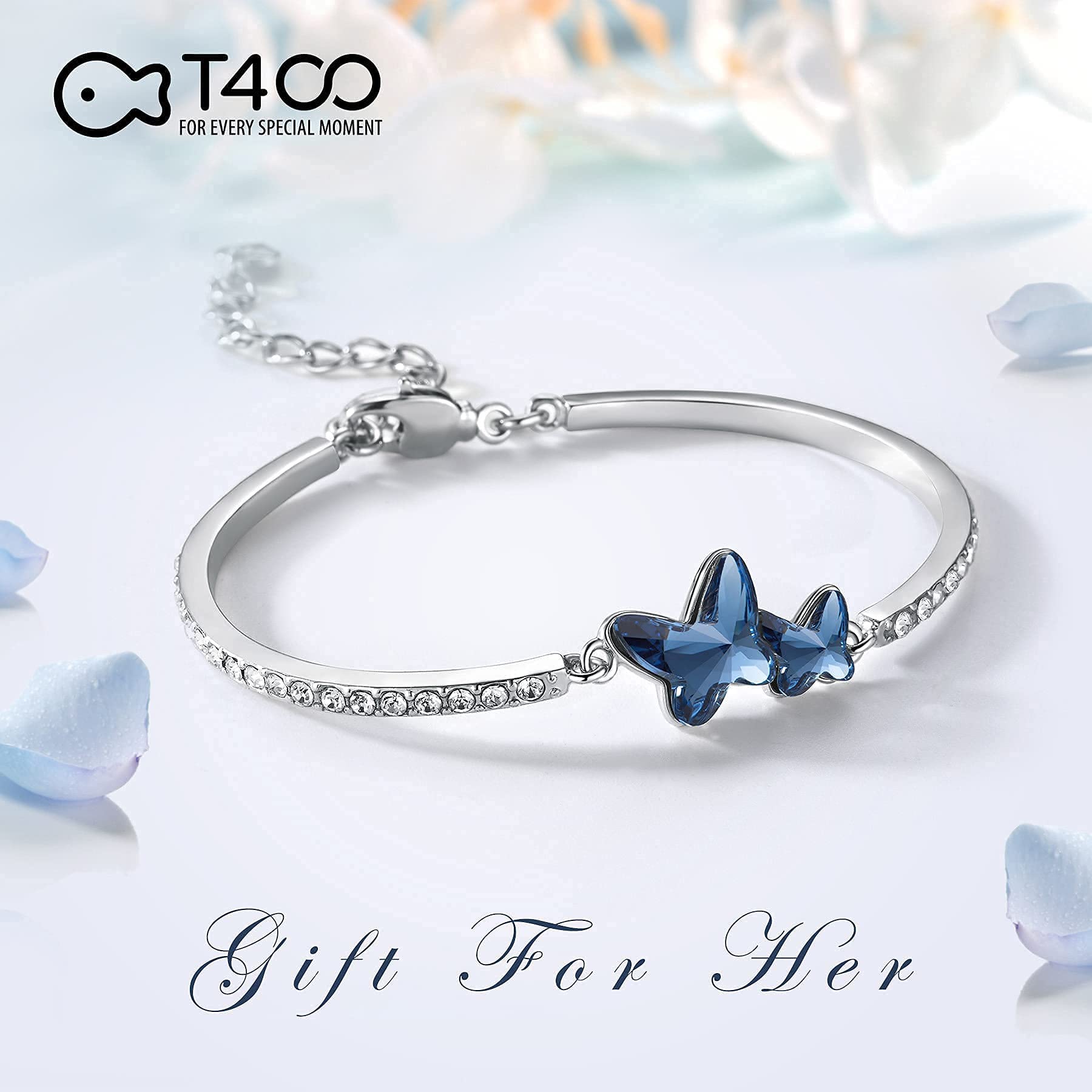 T400 Bracelets for Women Blue Butterfly Crystal Bangle Bracelet Ajustable Jewelry Birthday Gift for Her