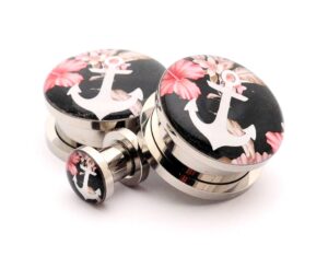 mystic metals body jewelry screw on plugs - floral anchor picture plugs - 8g - 3mm - sold as a pair