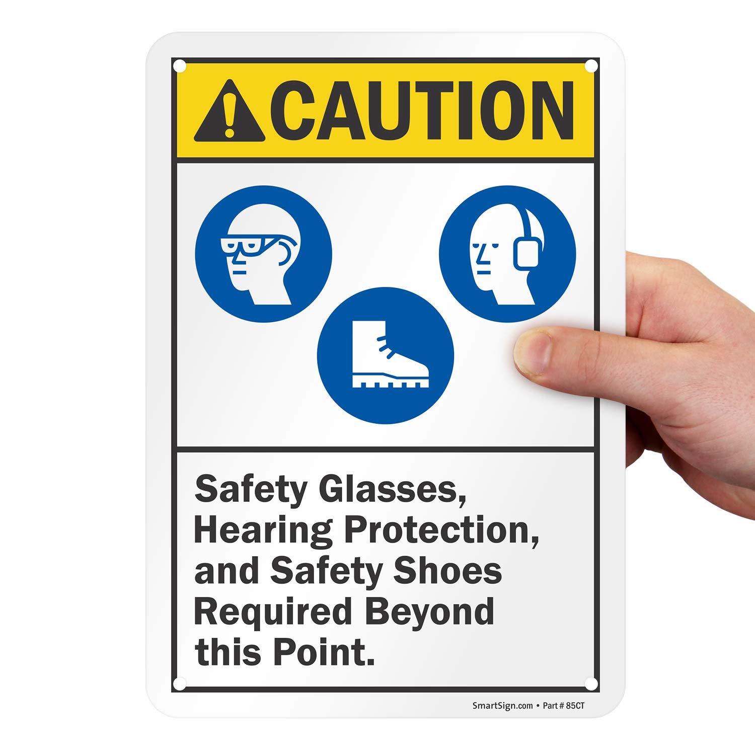 SmartSign - S-6775-PL-10 "Caution - Safety Glasses, Hearing Protection And Safety Shoes Required" Sign | 7" x 10" Plastic