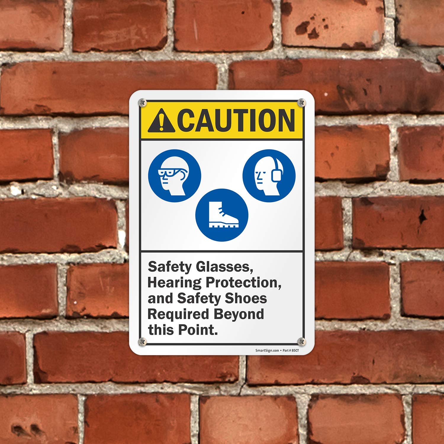 SmartSign - S-6775-PL-10 "Caution - Safety Glasses, Hearing Protection And Safety Shoes Required" Sign | 7" x 10" Plastic