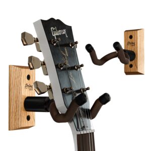 string swing guitar wall mount 2 pack, guitar hangers, wall guitar mount, guitar holder hook for wall, fits all size guitars, acoustic, electric, bass, oak hardwood - made in usa