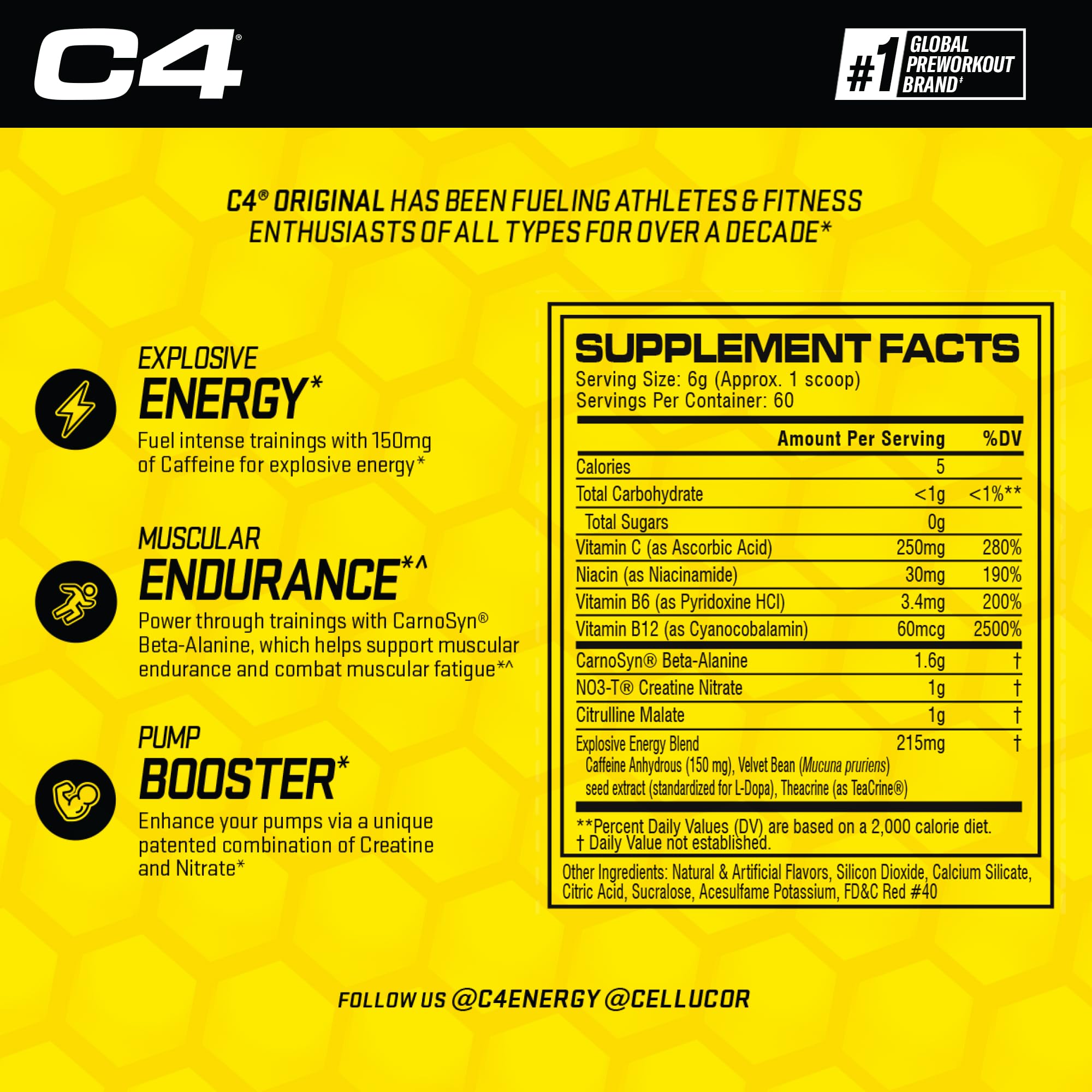 C4 Original Pre Workout Powder Fruit Punch - Vitamin C for Immune Support - Sugar Free Preworkout Energy for Men & Women - 150mg Caffeine + Beta Alanine + Creatine - 60 Servings