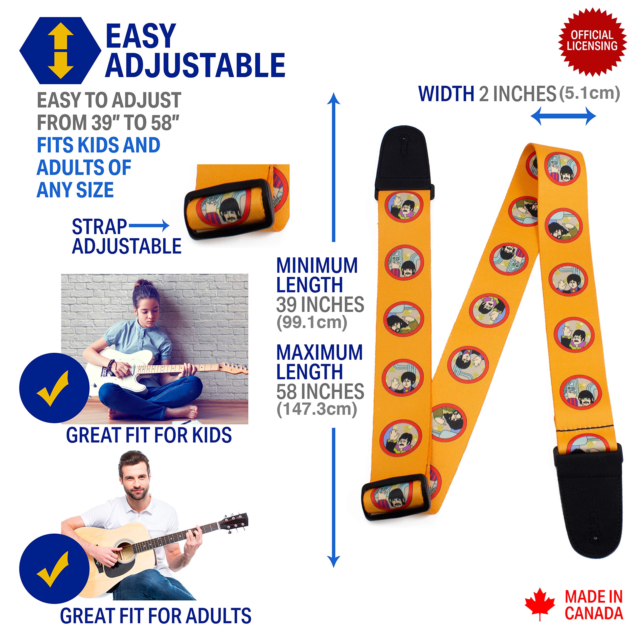 Perri’s Leathers Ltd. - The Beatles - Guitar Strap - Polyester - Yellow Submarine - Official Licensed Product - For Acoustic/Bass/Electric Guitars - Adjustable - Made in Canada (LPCP-6108)