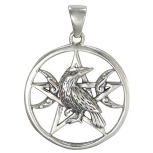 moonlight mysteries raven pentacle pendant - sterling silver moon crow wiccan pentagram jewelry (1 1/8 inch diameter)