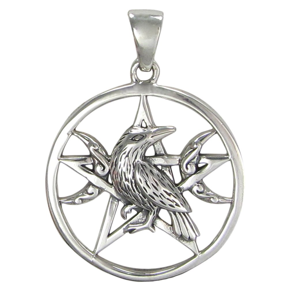 Moonlight Mysteries Raven Pentacle Pendant - Sterling Silver Moon Crow Wiccan Pentagram Jewelry (1 1/8 Inch Diameter)