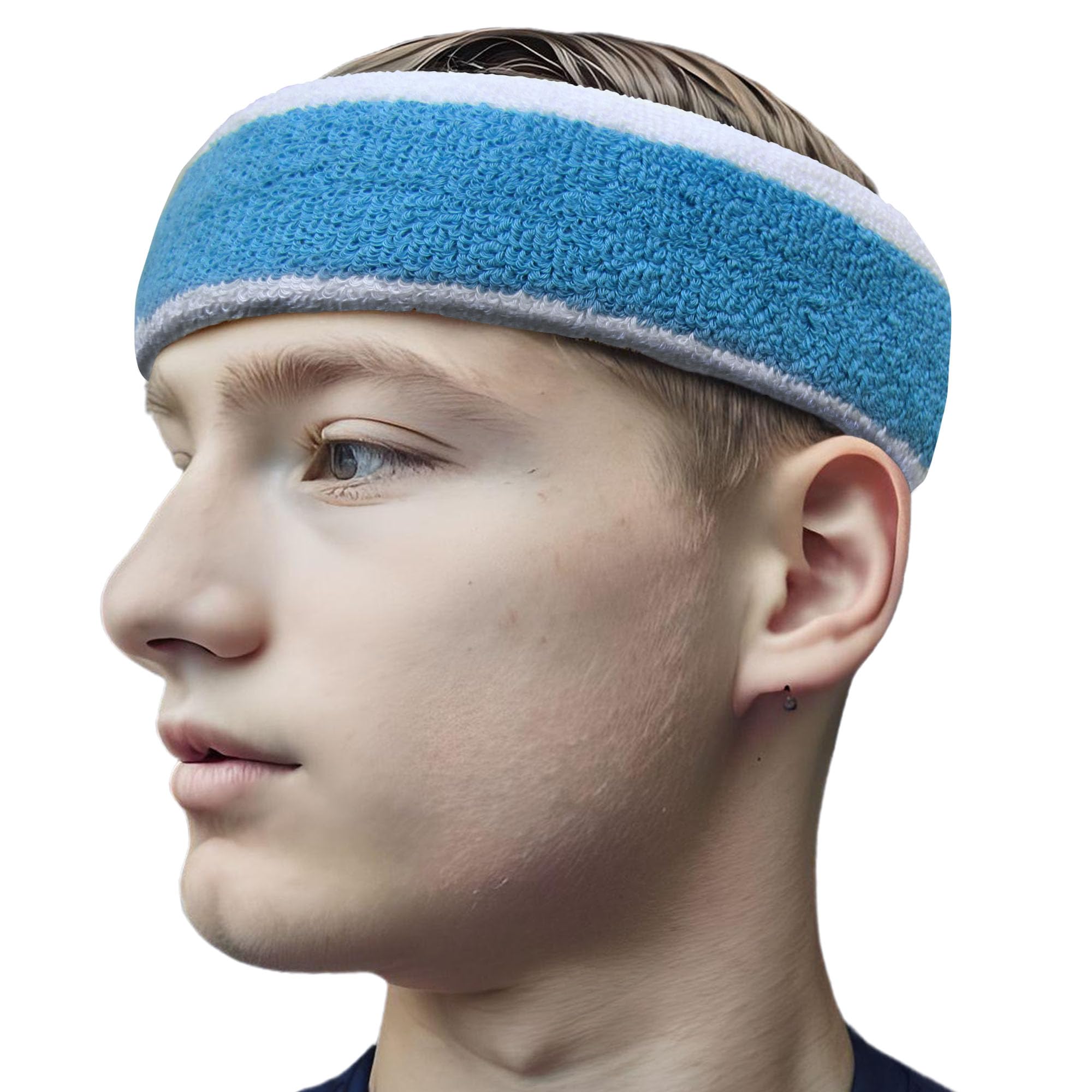 Couver Premium Quality 2 Color Thick Large Wide Headband pro Basketball - White/Sky Blue/White[1 Piece]