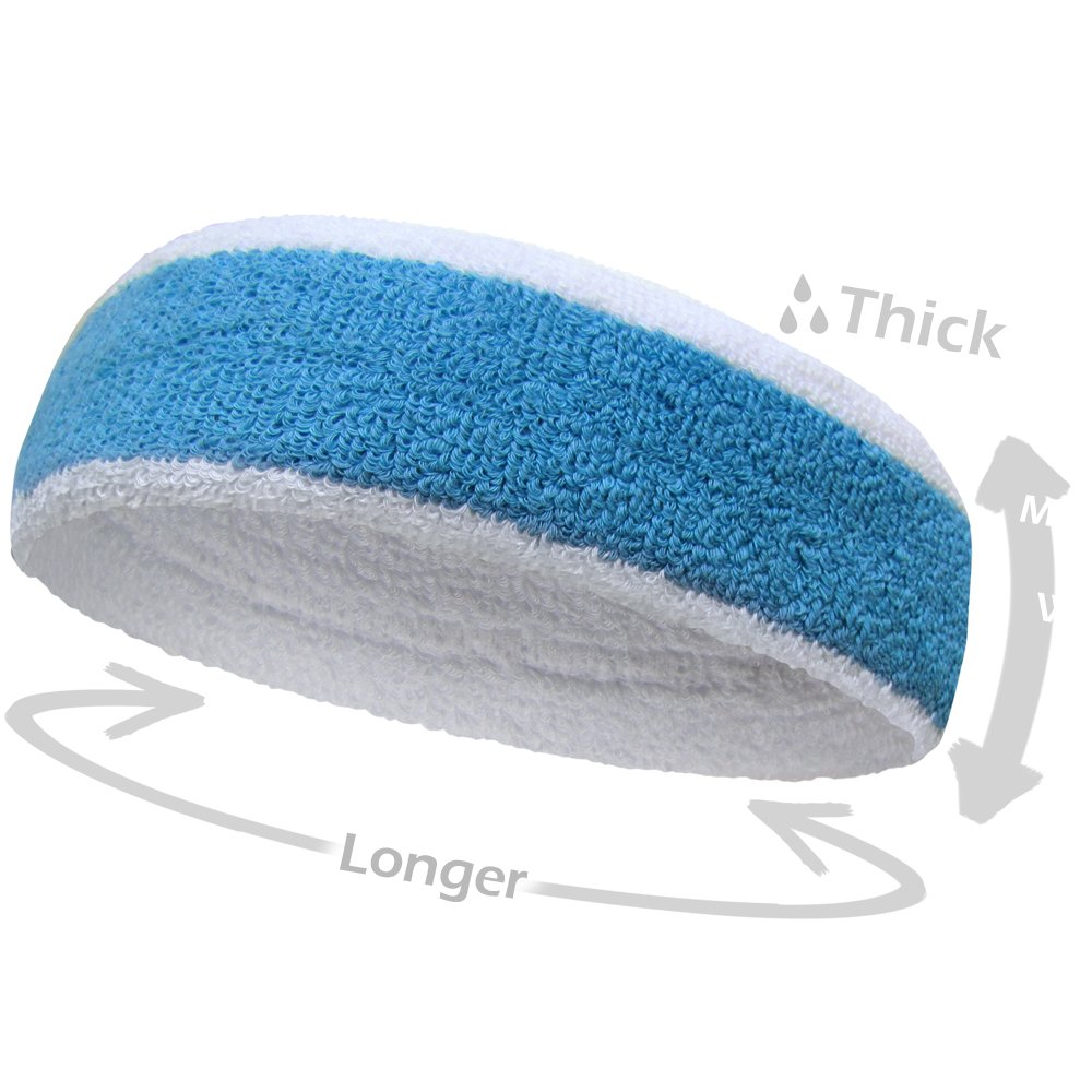 Couver Premium Quality 2 Color Thick Large Wide Headband pro Basketball - White/Sky Blue/White[1 Piece]