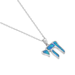 My Daily Styles 925 Sterling Silver Blue Simulated Opal Turquoise-Tone Jewish Chai Living Charm Pendant Necklace (Silver)