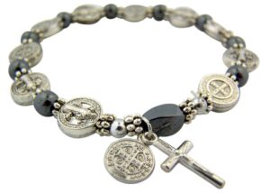 cb silver tone saint benedict medal hematite bead rosary bracelet, 7 1/2 inch