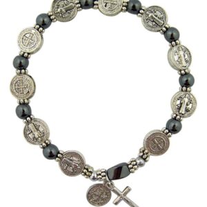 CB Silver Tone Saint Benedict Medal Hematite Bead Rosary Bracelet, 7 1/2 Inch