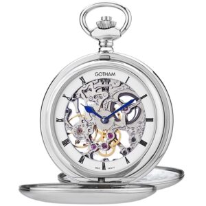 gotham men's chrome plated brass double cover exhibition mechanical pocket watch # gwc18804s