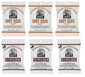 claeys old fashioned hard candy - variety 6 pack - horehound and root beer - 3 of each flavor - 36 ounces total