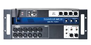 soundcraft ui16 rack-mountable laptop or tablet-controlled, 16 input digital audio mixer with onboard signal processing. blue and gray