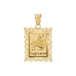 astrology jewelry 10k yellow gold filigree style rectangular frame zodiac sign charm pendant – sagittarius