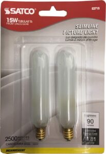 satco s3715 tubular shaped incandescent light bulb (pack of 2), frosted finish, 15 watts, 120 volts, 90 initial lumens, t6 lamp shape, tubular lamp, candelabra base, e12 ansi base, 360 beam spread