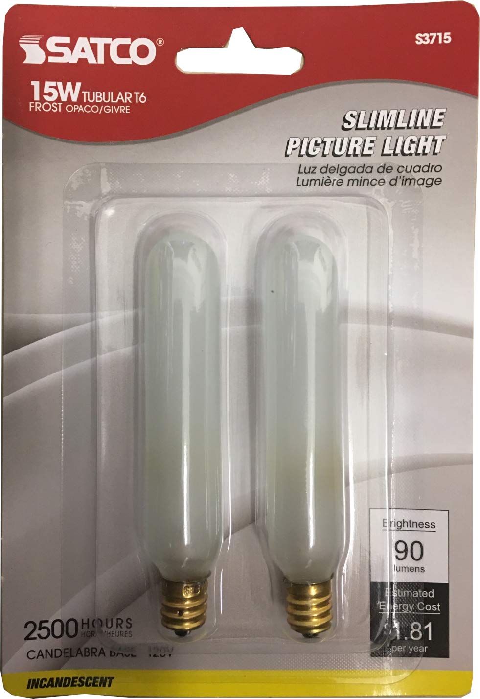 Satco S3715 Tubular Shaped Incandescent Light Bulb (Pack of 2), Frosted Finish, 15 Watts, 120 Volts, 90 Initial Lumens, T6 Lamp Shape, Tubular Lamp, Candelabra Base, E12 ANSI Base, 360 Beam Spread