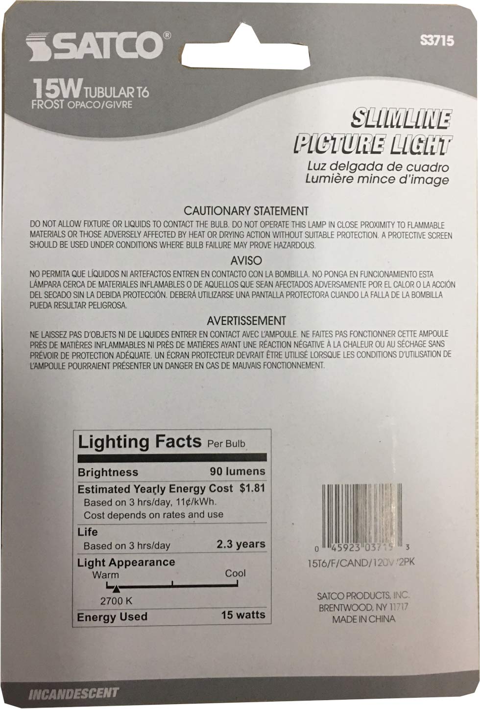 Satco S3715 Tubular Shaped Incandescent Light Bulb (Pack of 2), Frosted Finish, 15 Watts, 120 Volts, 90 Initial Lumens, T6 Lamp Shape, Tubular Lamp, Candelabra Base, E12 ANSI Base, 360 Beam Spread