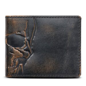 house of jack co. skull bifold wallet for men | extra capacity two id windows | full grain leather with hand burnished finish | multi card capacity | skull men's wallet