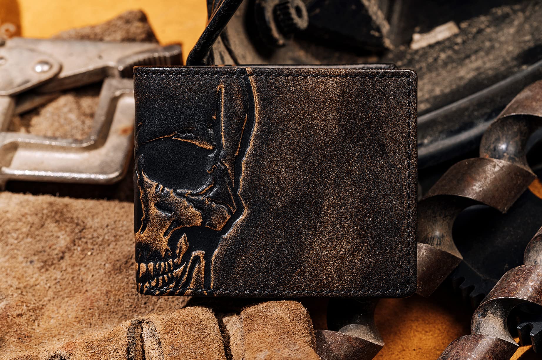 House of Jack Co. SKULL Bifold Wallet for Men | Extra Capacity Two ID Windows | Full Grain Leather With Hand Burnished Finish | Multi Card Capacity | Skull Men's Wallet