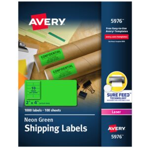 avery printable shipping labels with sure feed, 2" x 4", neon green, 1,000 blank mailing labels (5976)