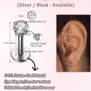 PiercingJ 2-4pcs 16g 316L Stainless Steel 3mm Cubic Zirconia Labret Monroe Lip Ring/Tragus/Helix Earring,6-12mm Bar Length