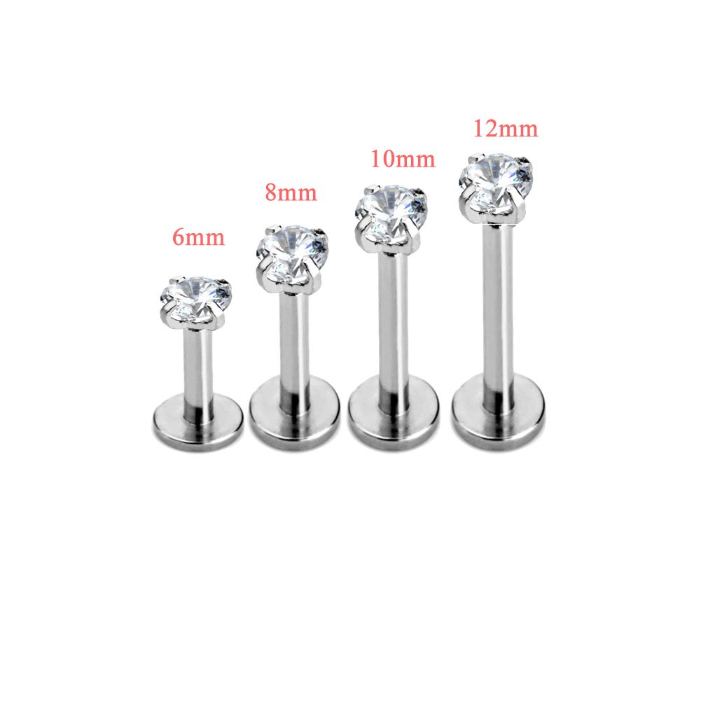 PiercingJ 2-4pcs 16g 316L Stainless Steel 3mm Cubic Zirconia Labret Monroe Lip Ring/Tragus/Helix Earring,6-12mm Bar Length