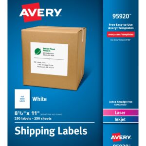 Avery Full Sheet Printable Shipping Labels, 8.5" x 11", White, 250 Blank Mailing Labels (95920)