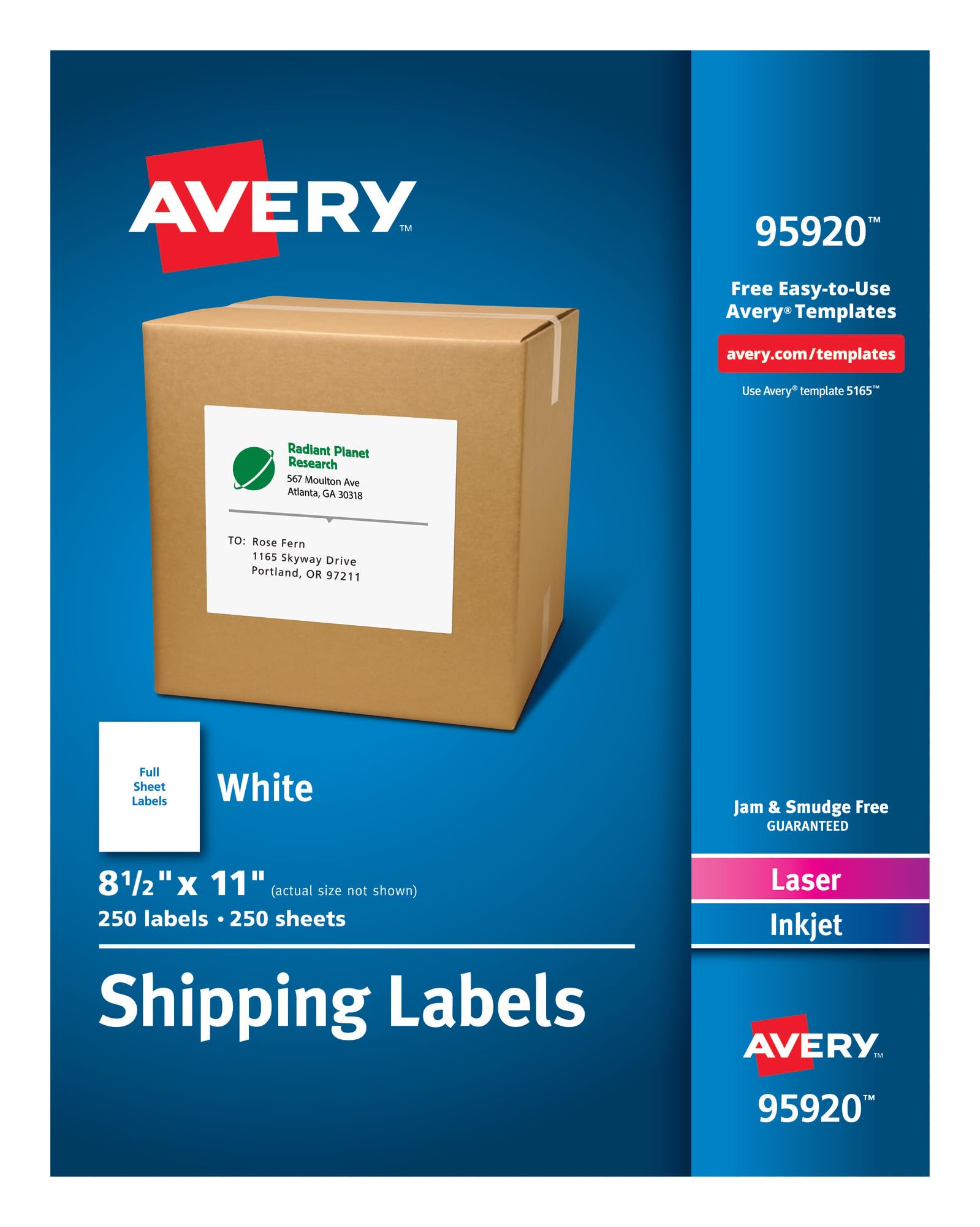 Avery Full Sheet Printable Shipping Labels, 8.5" x 11", White, 250 Blank Mailing Labels (95920)