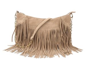 hoxis studded tassel faux suede leather hobo cross body chain shoulder bag womens satchel (khaki)