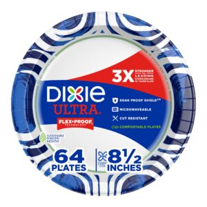 dixie ultra, medium paper plates, 8.5 inch, 64 count, 3x stronger*, heavy duty, microwave-safe, soak-proof, cut resistant, disposable plates for heavy, messy meals