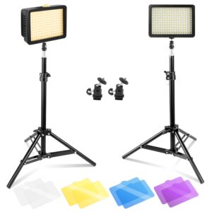 julius studio [2 pack] 216 led camera light kits, ultra high power 216 led video light panel dslr camcorder led video light, 29.8" tall photography mini light stands, mini ball head adapters, jgg2287