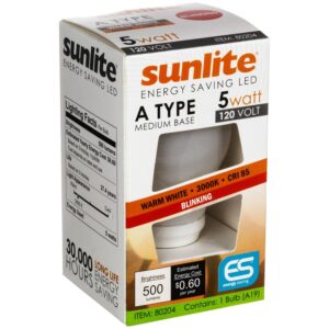 Sunlite 80204 LED A19 Blinking Light Bulb, 5 Watts (40W Equivalent), 500 Lumens, Medium E26 Base, Blinker Flashing Feature, Frost Finish, 3000K Warm White